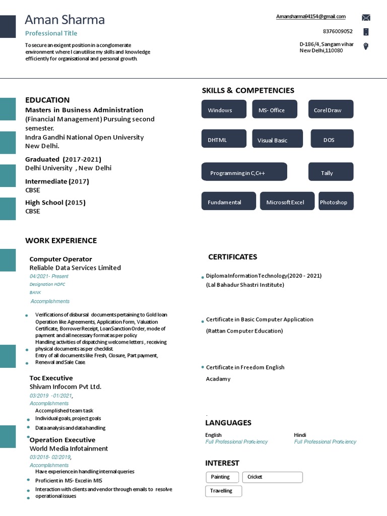 Aman Sharma - MBA Graduate & Data Operator | PDF