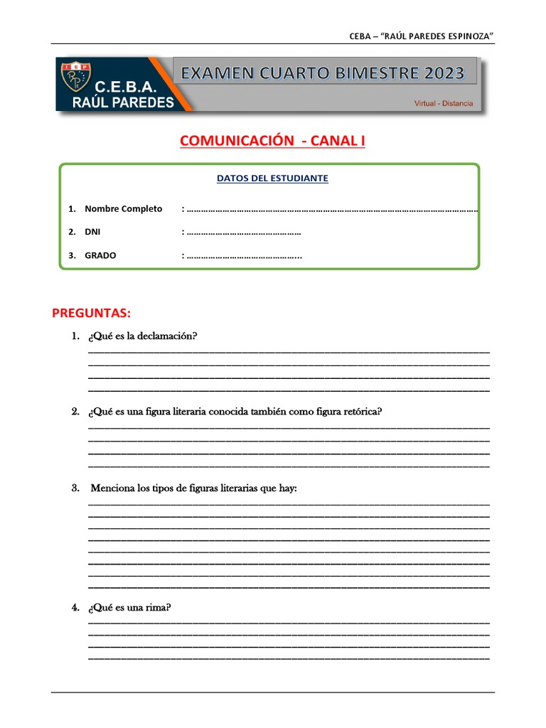 EXAMEN SISTEMA VIRTUAL CUARTO BIMESTRE COMUNICACIÓN CANAL I | PDF