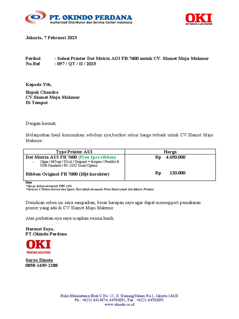 Solusi Printer Dot Matrix AUI FB-7600 Untuk CV. Slamet Maju Makmur | PDF