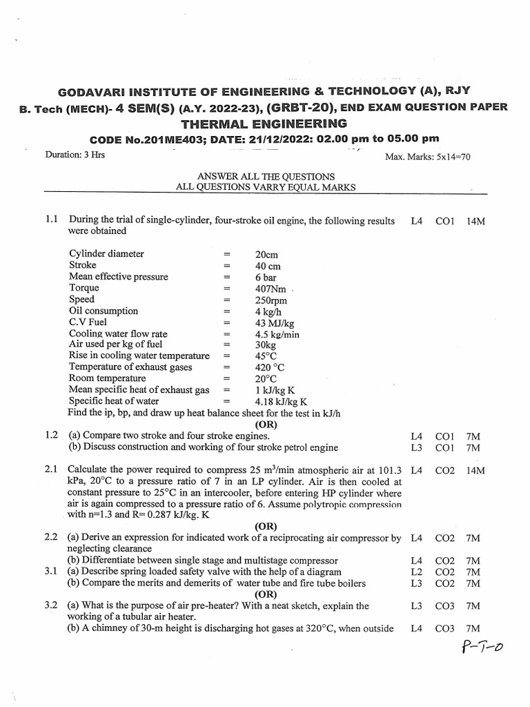 Thermal Engineering_ End Semester Question Paper_2022-2023 | PDF