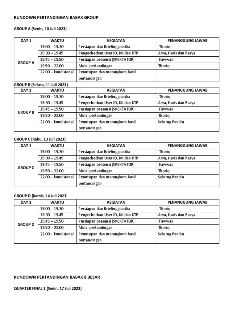 Jadwal Lengkap Turnamen Juli 2023 | PDF