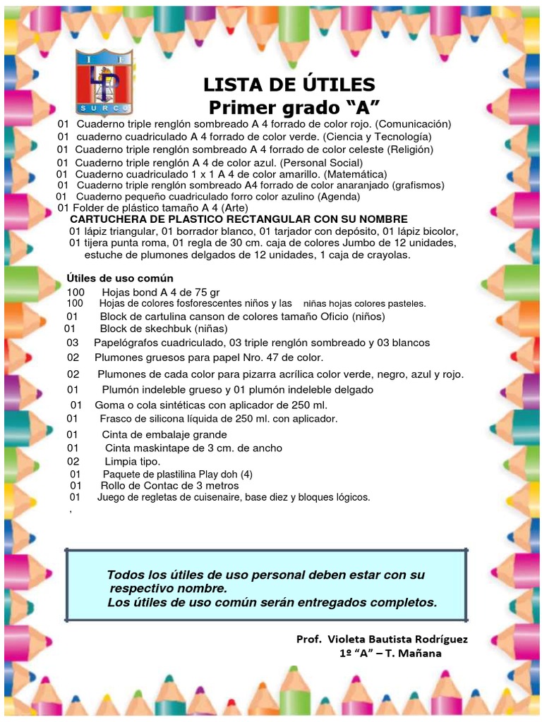 Lista de Útiles Primer Grado A-2023 | PDF