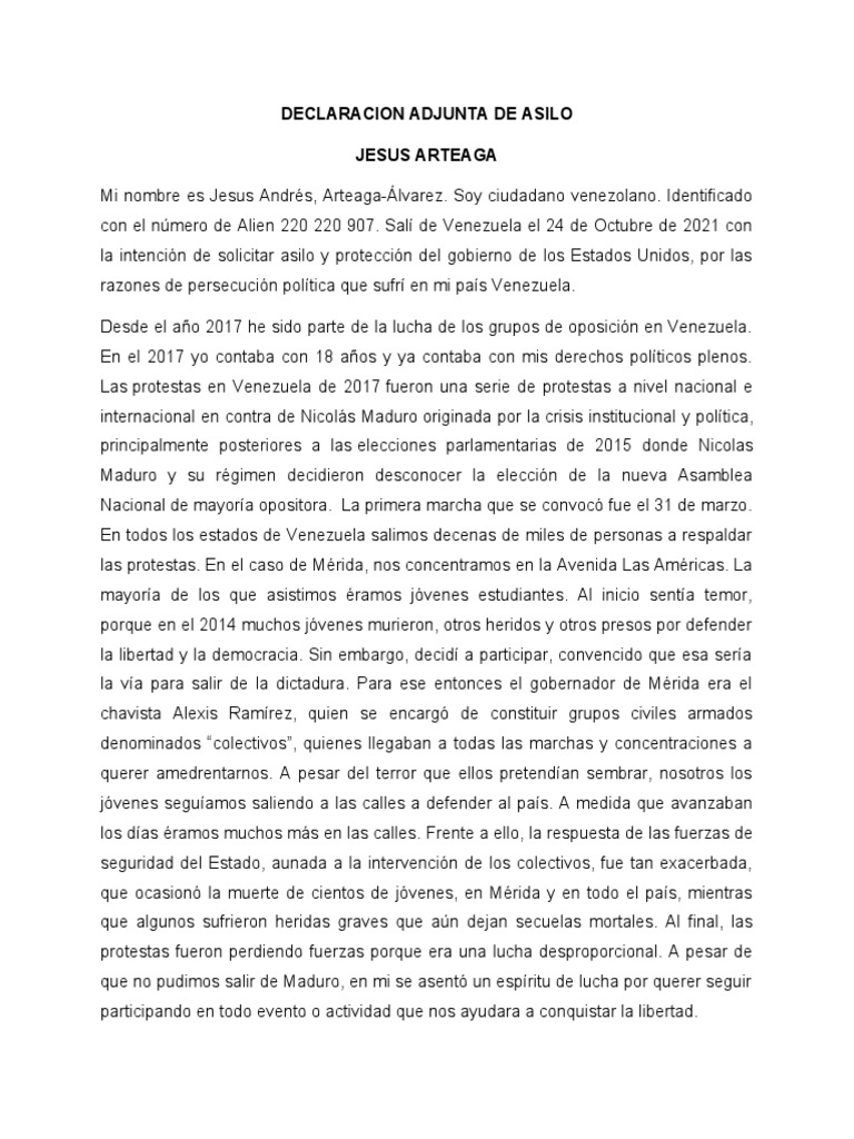 Declaracion Adjunta de Asilo Jesus Arteaga | PDF