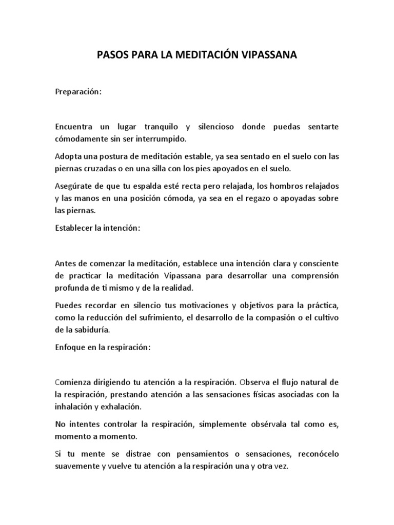 Pasos para La Meditación Vipassana | PDF | Meditación | Vipassana