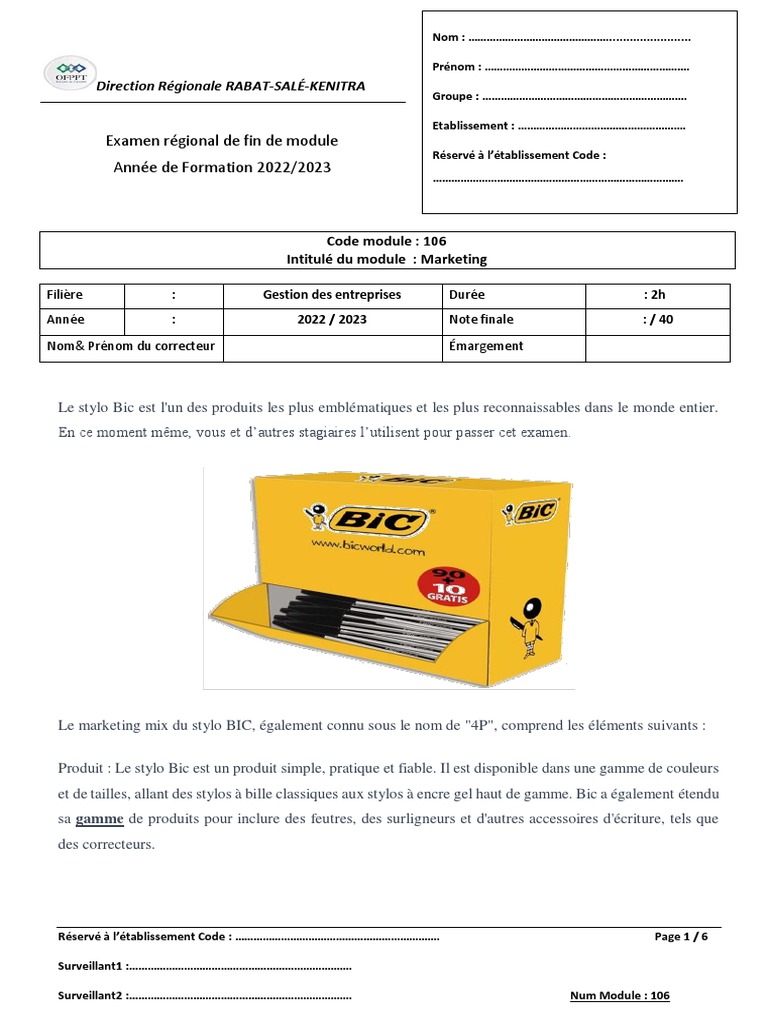 Proposition EFM Régional Marketing BIC Corrigé Moussis Mohammed | PDF