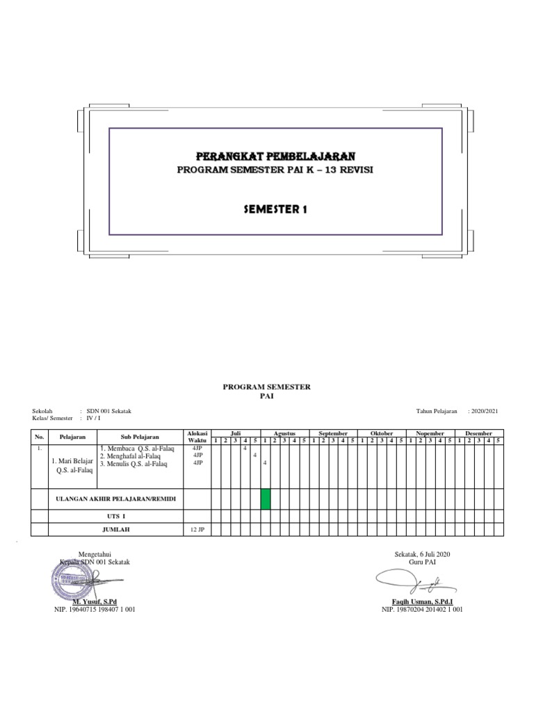 Promes 1-2 Kelas 4 Pai 2020-2021 | PDF