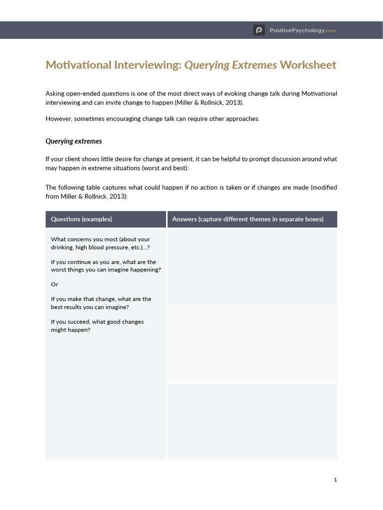 Motivational Interviewing Querying Extremes Worksheet | PDF