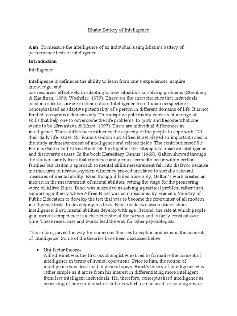 Bhatia Battery of Intelligence Overview | PDF | Intelligence Quotient ...