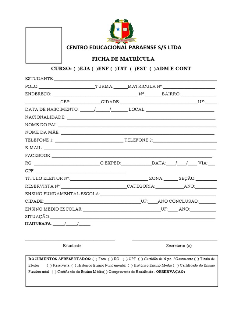FICHA DE MATRICULA - ATUALIZADO 2021 | PDF