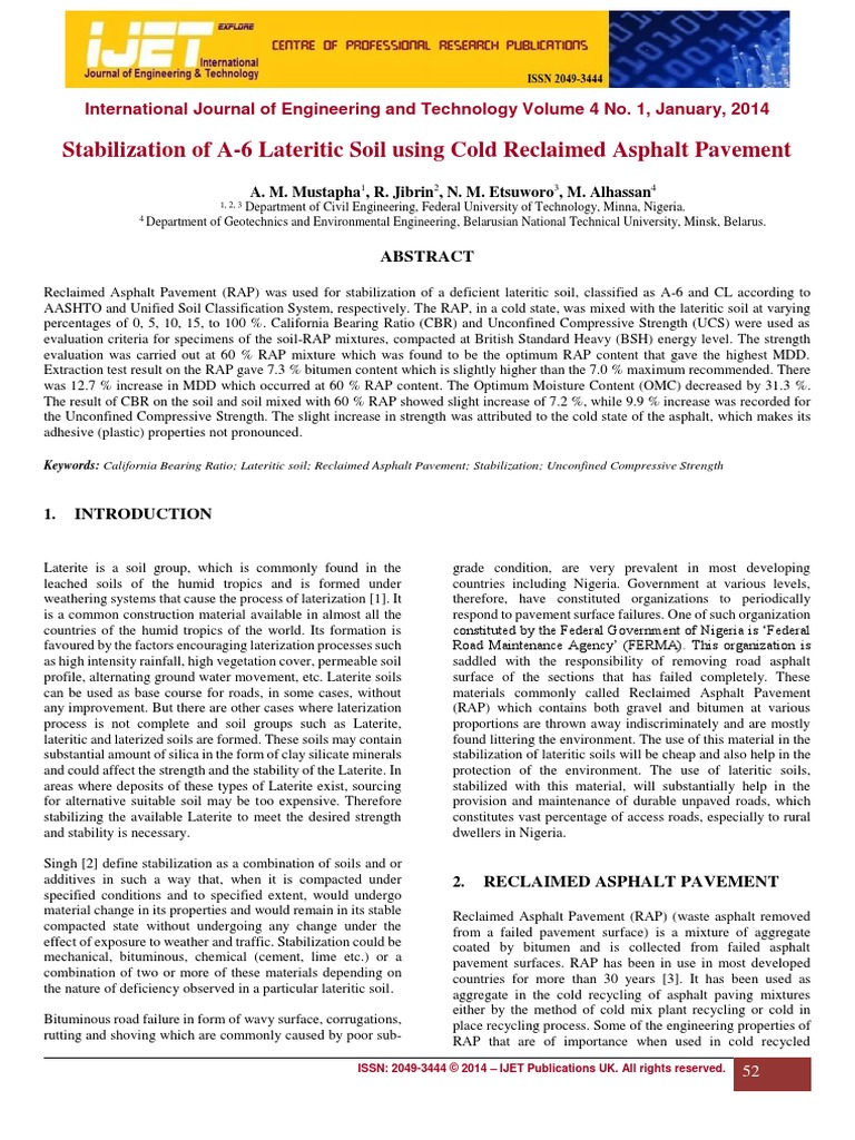 Stabilization of A-6 Lateritic Soil using Cold Reclaimed Asphalt ...