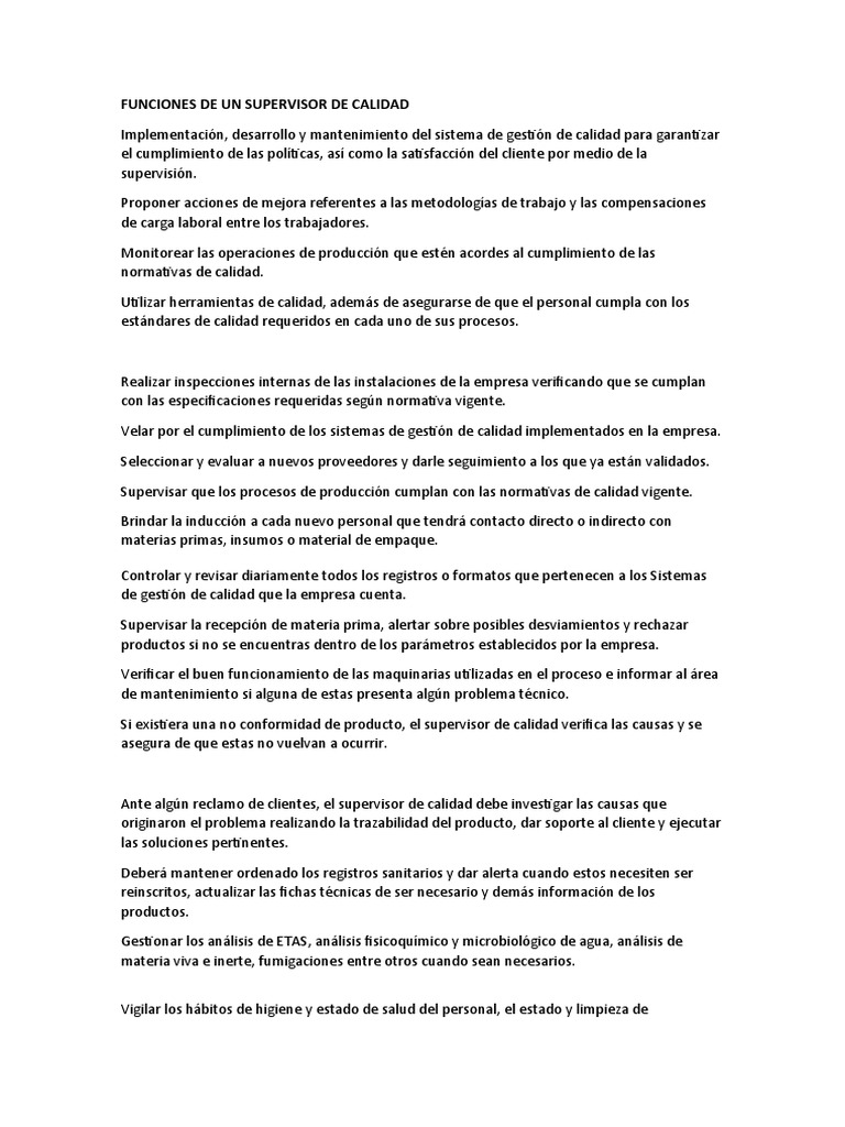 Funciones de Un Supervisor de Calidad | PDF | Calidad (comercial ...
