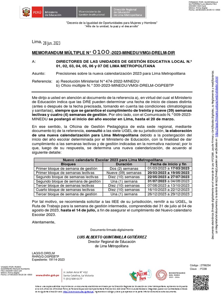 MM #0100-2023 A LAS 07 UGEL - Precisiones Sobre La Nueva Calendarización 2023 para Lima | PDF | Lima