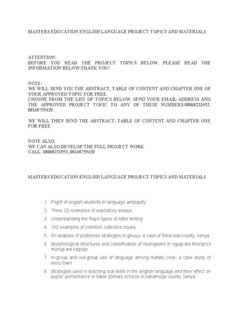 Masters Education English Language Project Topics and Materials ...