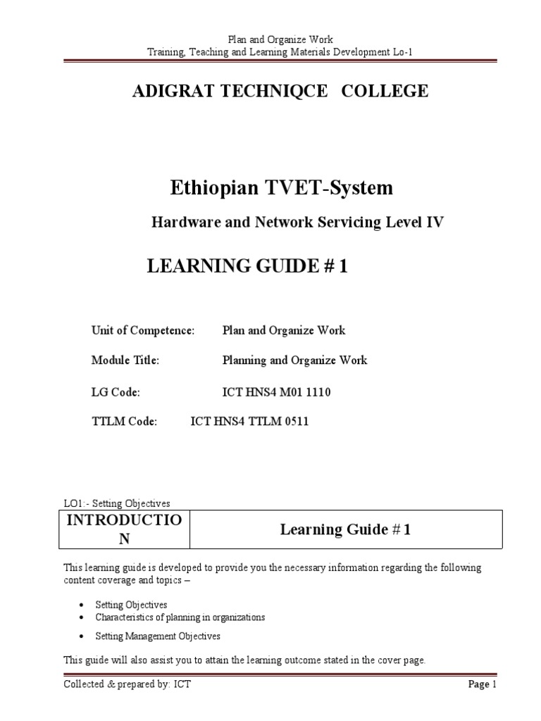 Plan and Organize Work LO1 | PDF | Goal | Educational Technology