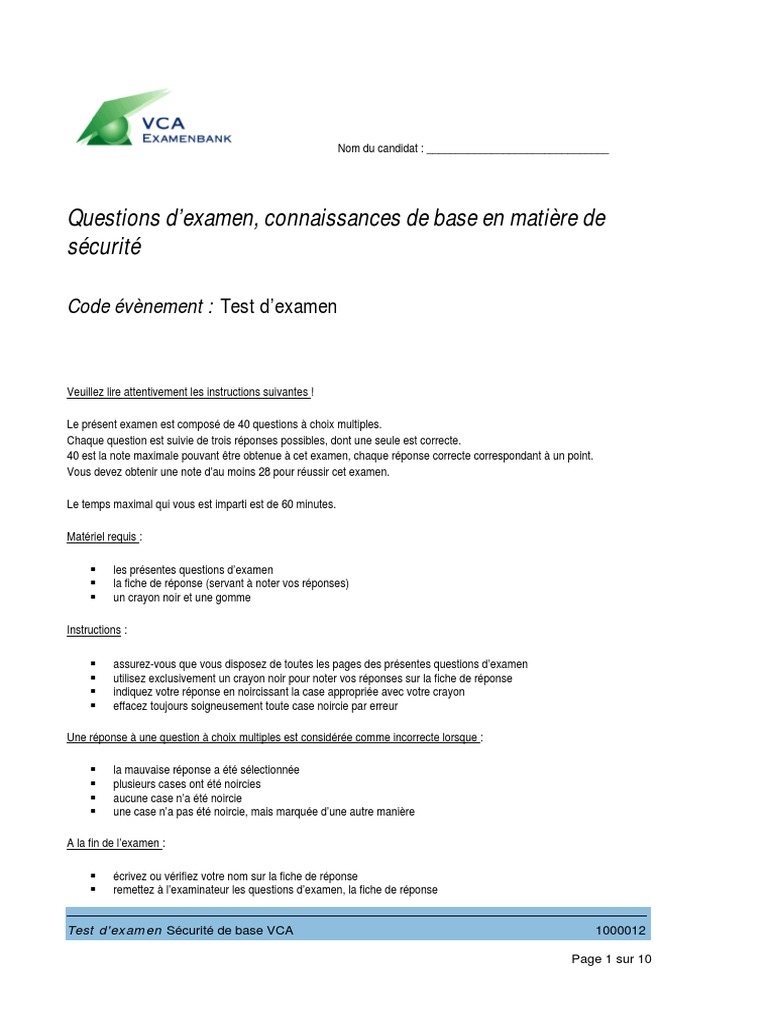 Test VCA Sécurité de base en français | PDF | Sécurité | Gaz