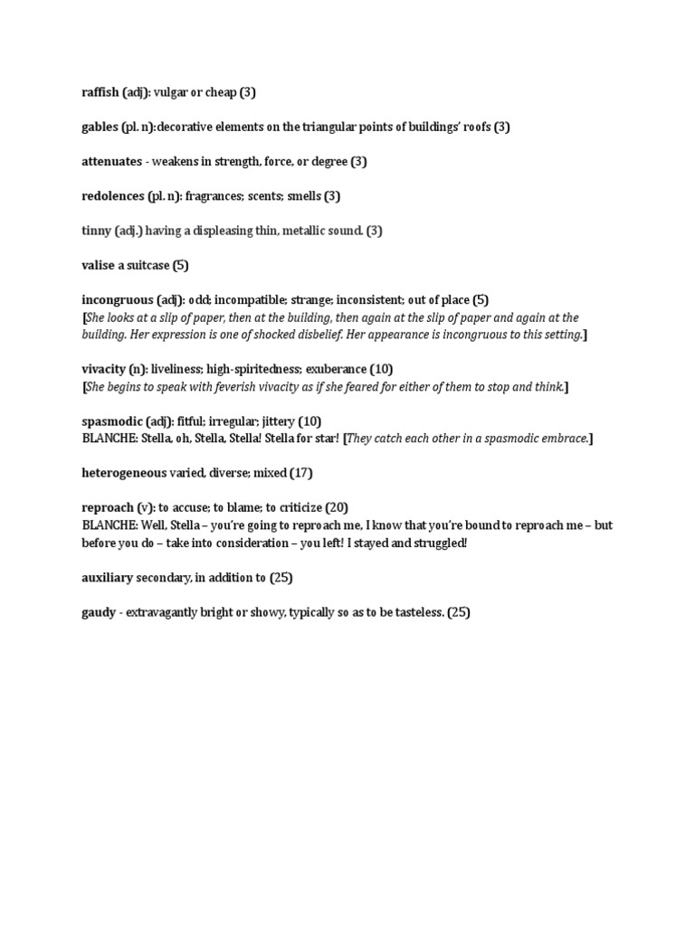 Streetcar Vocabulary List | PDF