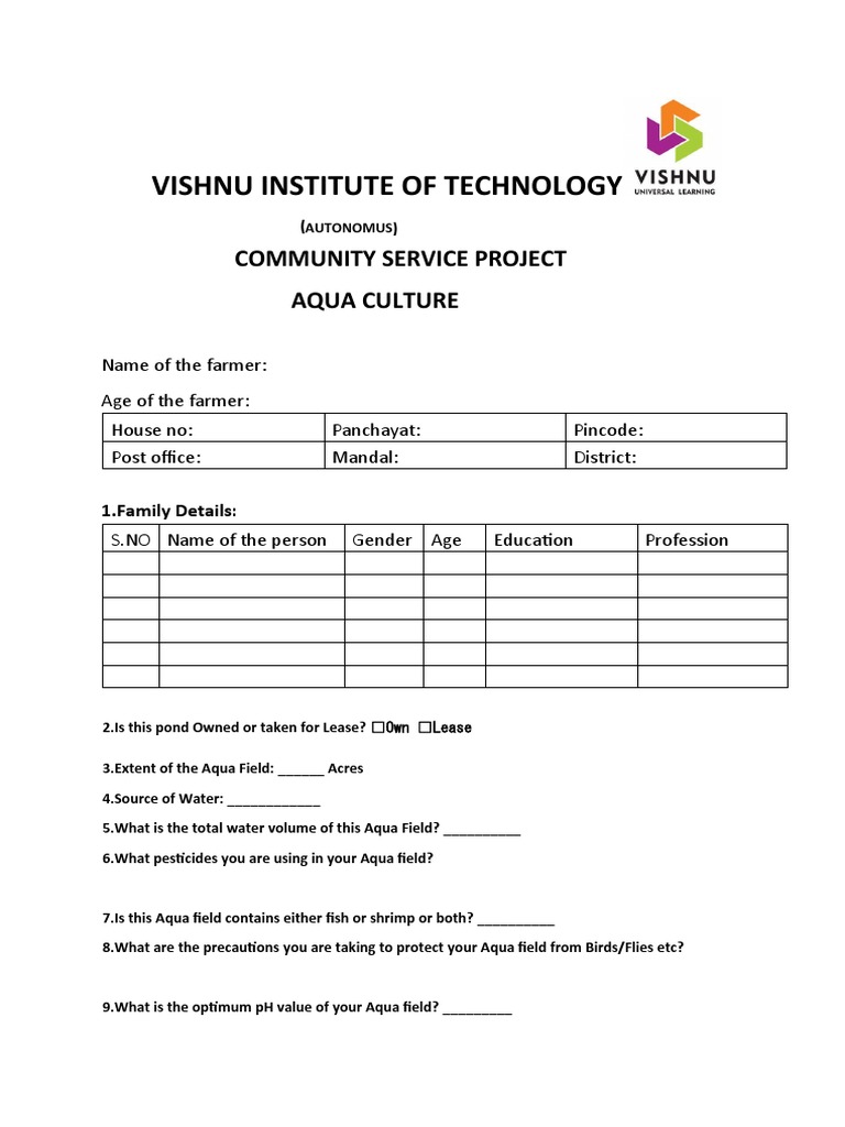 Aquaculture Community Service Project Survey | PDF