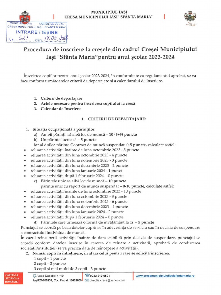 Procedura de Inscriere La Crese Pentru Anul Scolar 2023 2024 | PDF