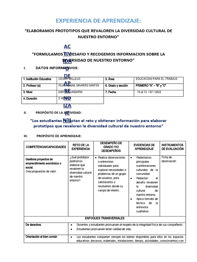 Actividad de Aprendizaje #01 - Ept - 3era Experiencia de Aprendizaje - 1° Sec | PDF ...