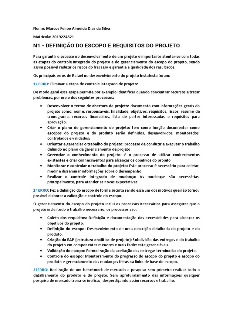 N1 - Definição Do Escopo e Requisitos Do Projeto | PDF | Ciência de ...