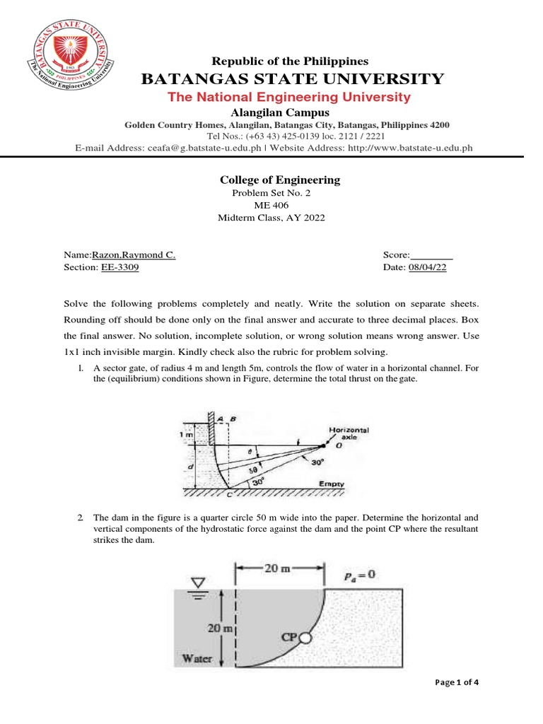 Razon Raymond C. Problem Set No.2 | PDF | Pump | Mathematics