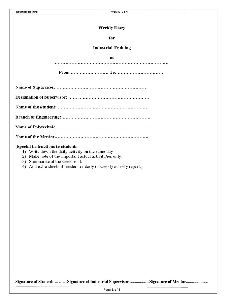 Weekly Diary Industrial Training | PDF