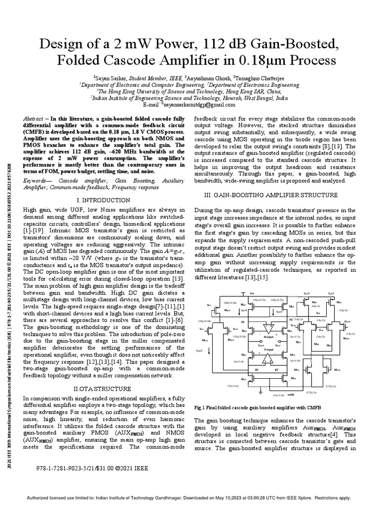 Design of A 2 MW Power 112 DB Gain-Boosted Folded Cascode Amplifier in ...