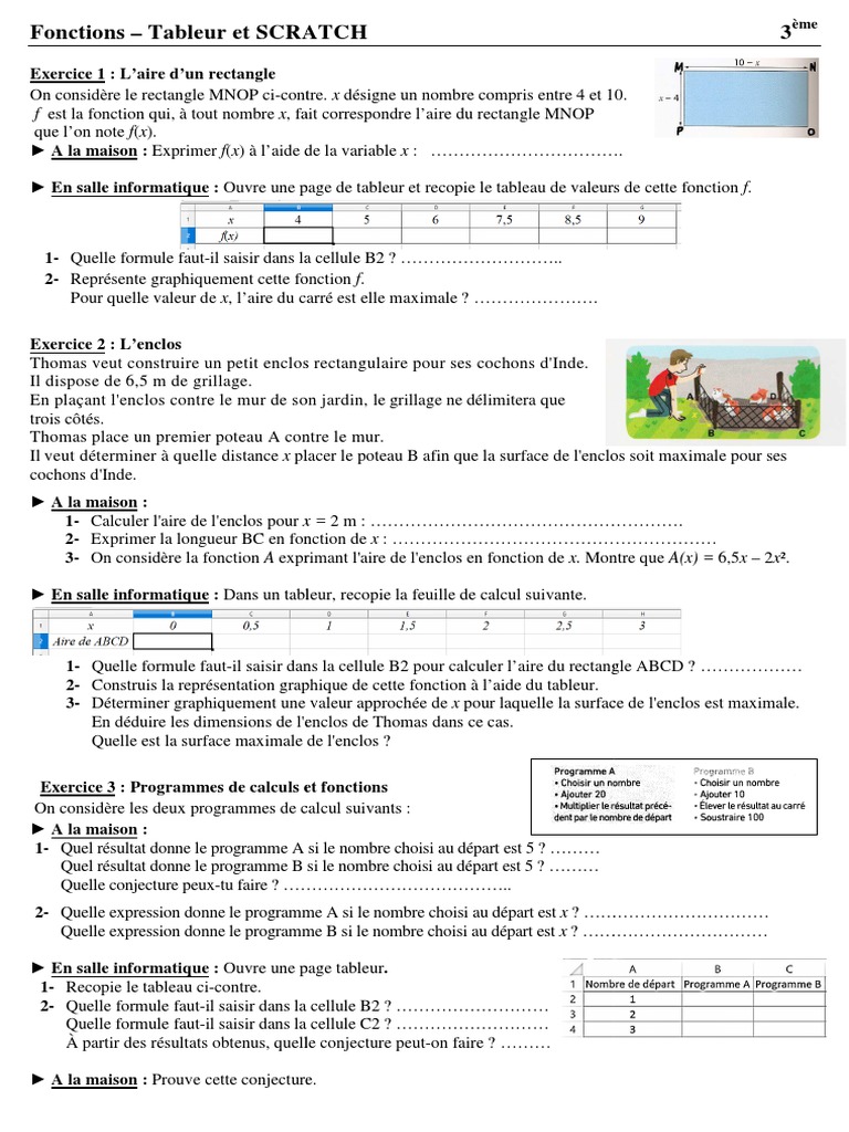 Exercices de Tableur et Scratch 3ème | PDF | Feuille de calcul ...