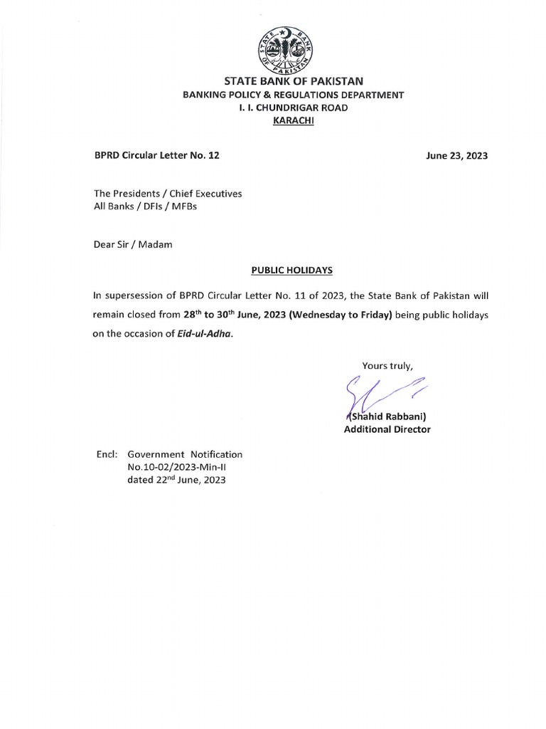 BPRD Circular Letter No.12 of 2023 - Public Holidays On Eid-ul-Adha | PDF
