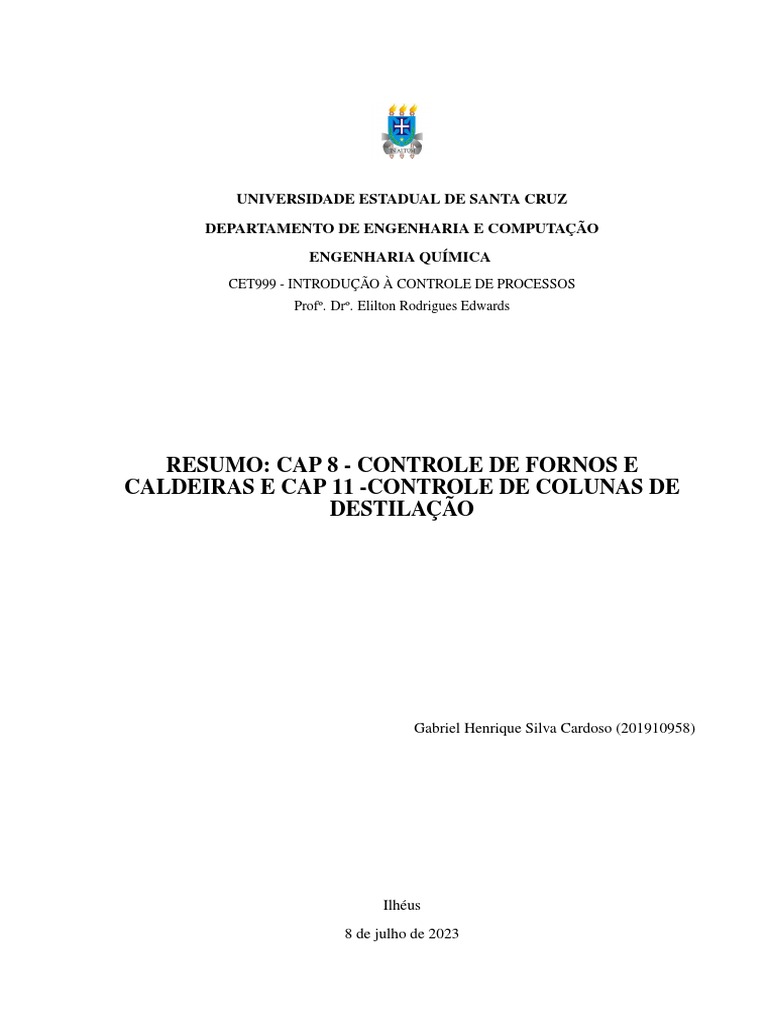 Resumo Cap 8 Controle de Fornos e Caldeiras e Cap 11 Controle de ...