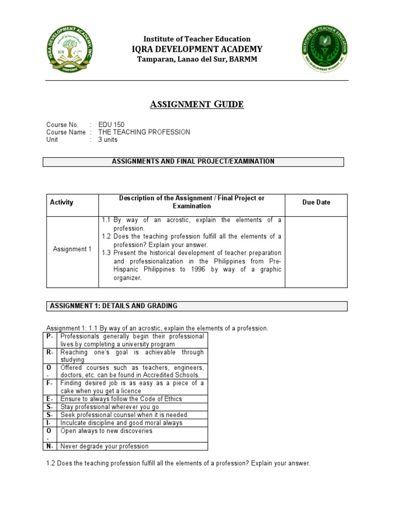 Assignment 1 Guide Teaching Profession | PDF