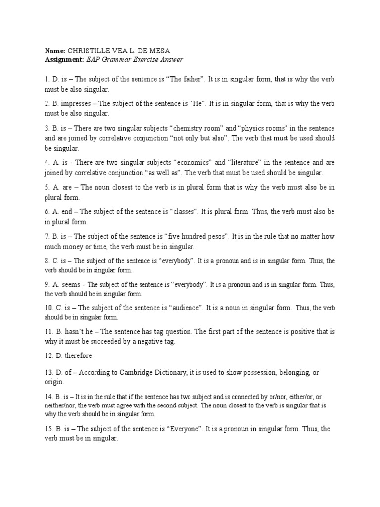 Grammar Exercise Answer | PDF | Grammatical Number | Verb