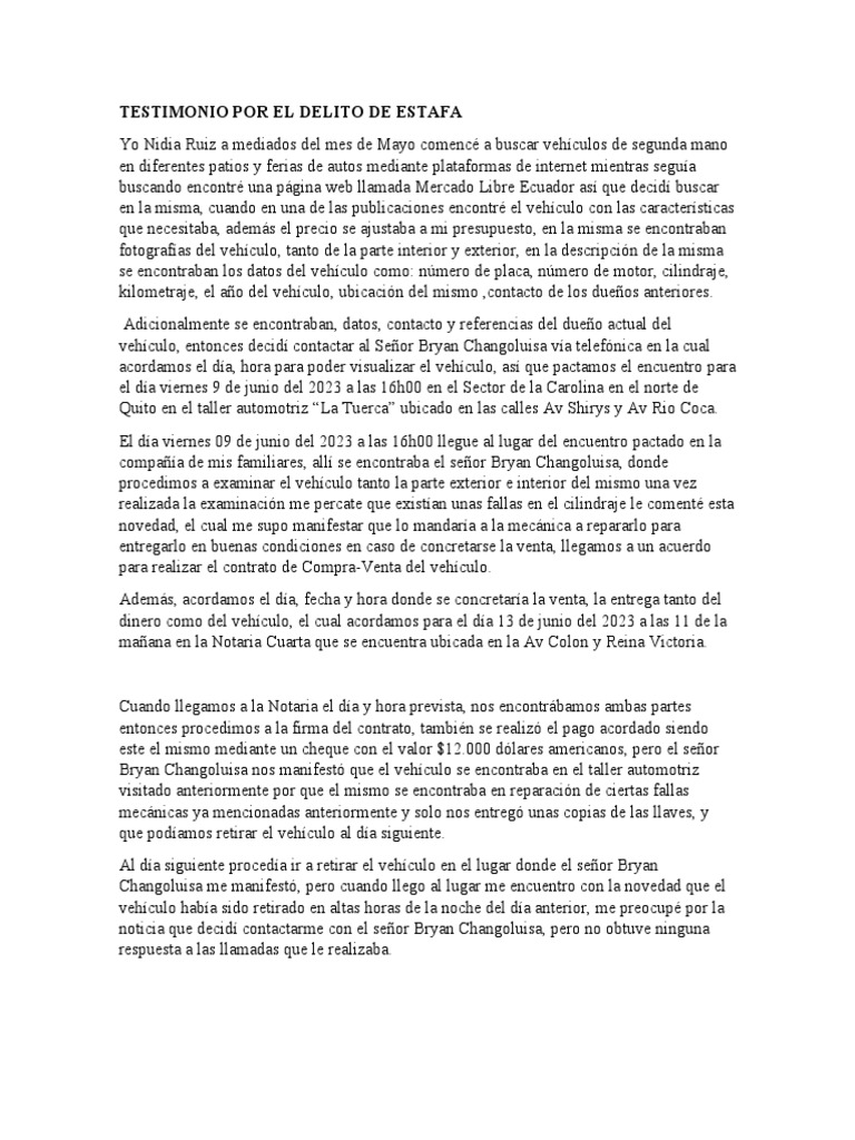 Testimonio Por El Delito de Estafa | PDF