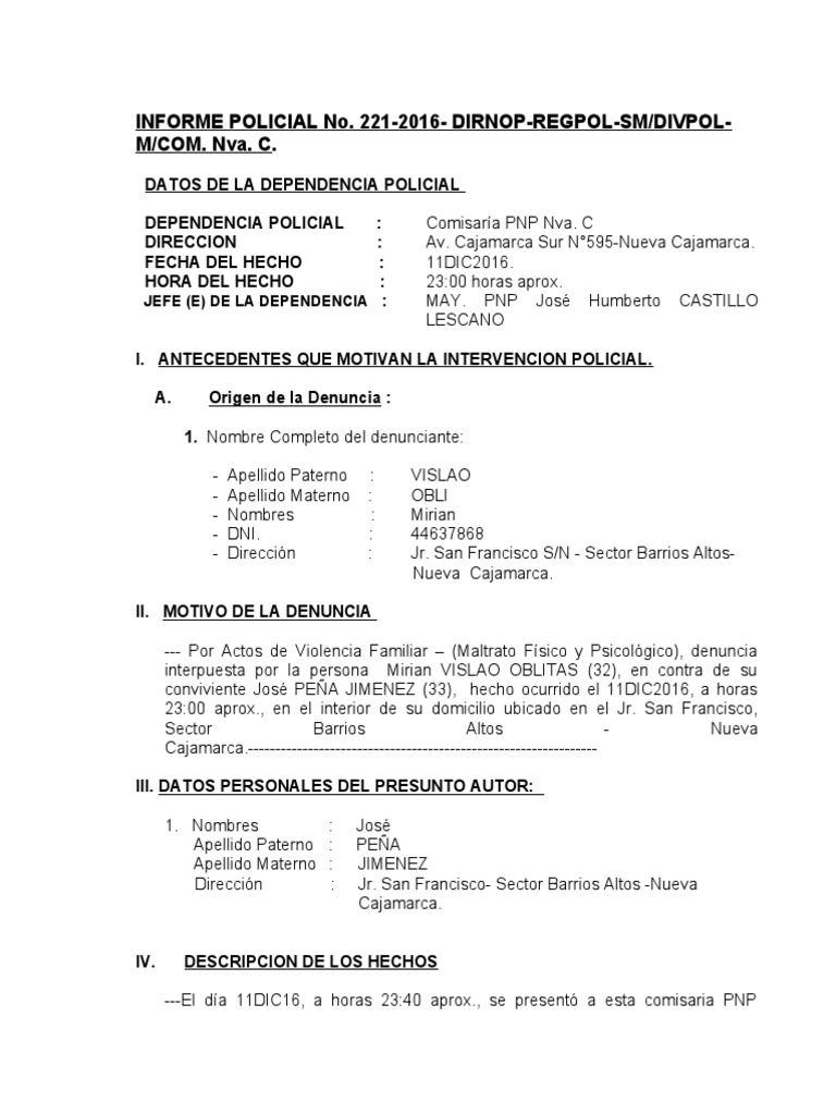 Informe Policial por Violencia Familiar | PDF | Violencia doméstica ...