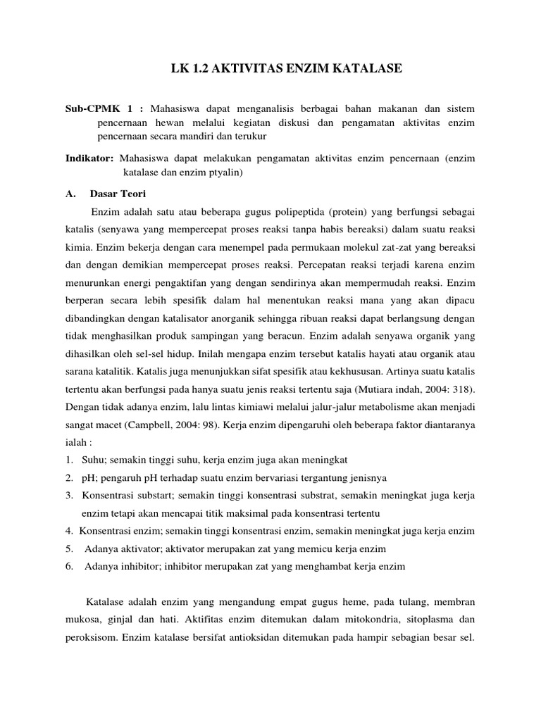 LK 1.2 Aktivitas Enzim Katalase | PDF