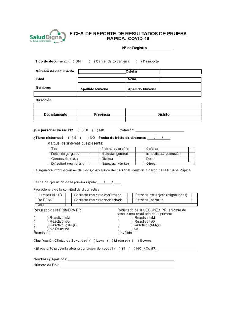 Anexo 3 - Ficha de Reporte de Resultados de Prueba Rápida | PDF | Inmunología | Ciencias de la Salud