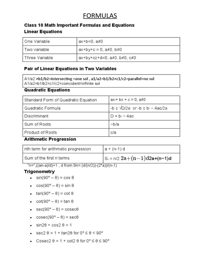 Class 10 Math Important Formulas | PDF | Equations | Area