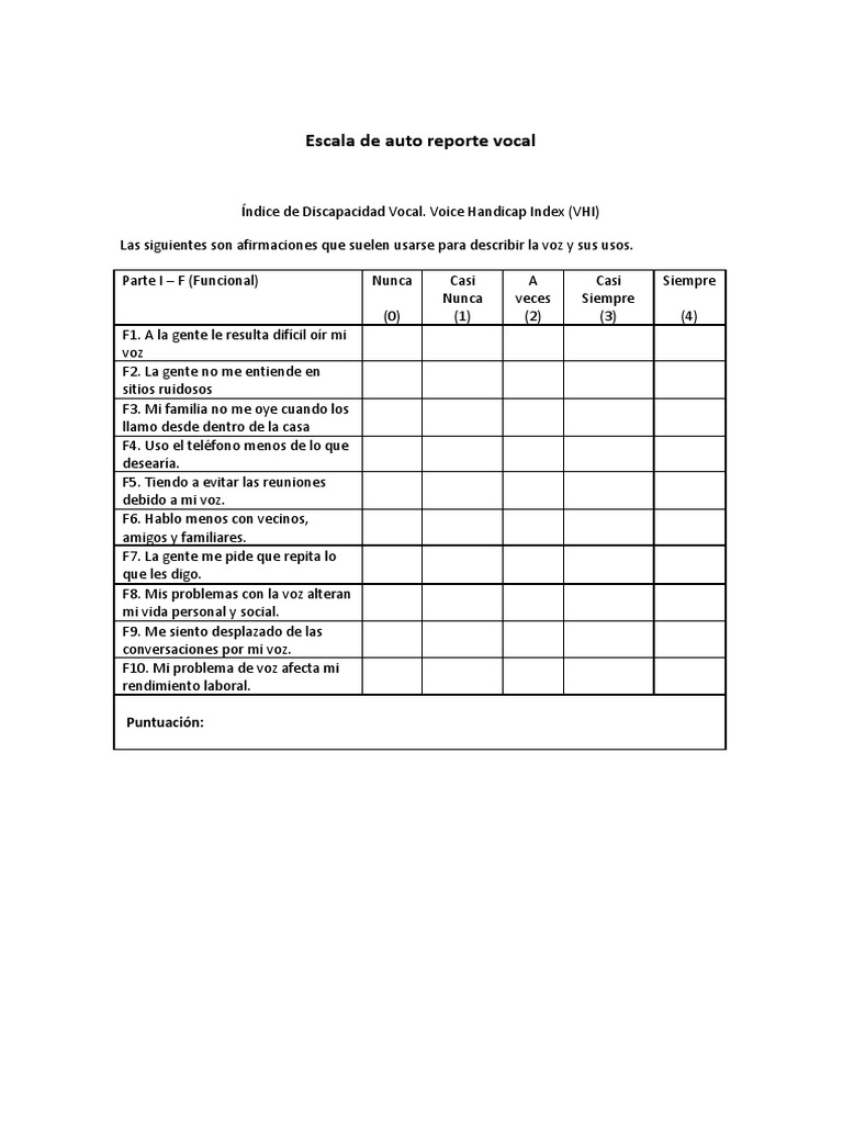 Escala de Auto Reporte Vocal (VHI) | PDF