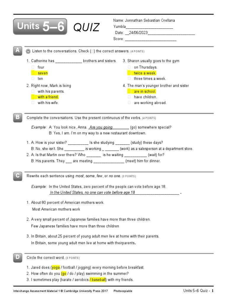 Units 5-6 Quiz: Listening & Grammar | PDF | Language Arts & Discipline ...