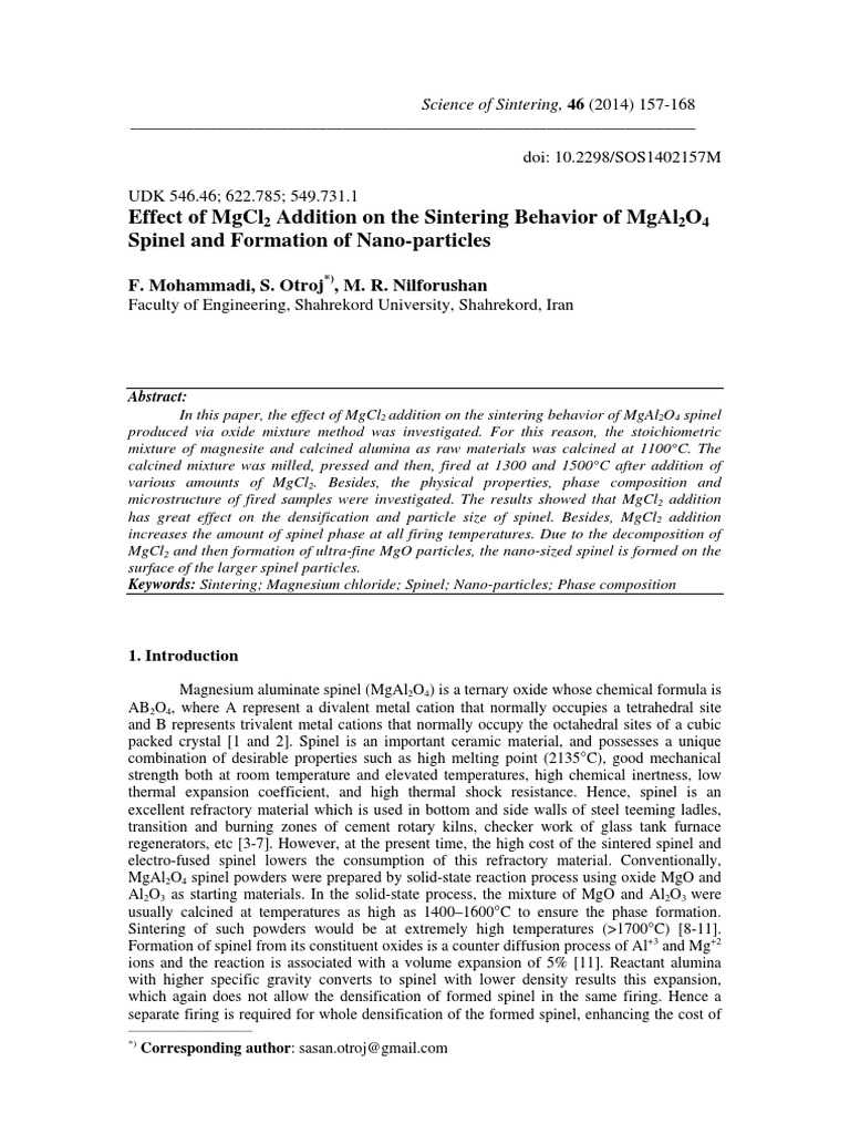 Effect of MgCl2 Addition On The Sintering Behavior of MgAl2O4 Spinel ...