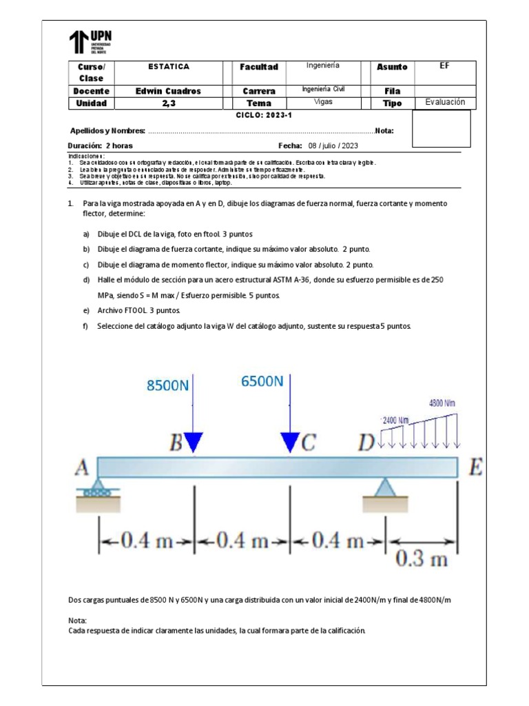 Examen Final Estatica 2023 | PDF | Viga (Estructura) | Mecánica