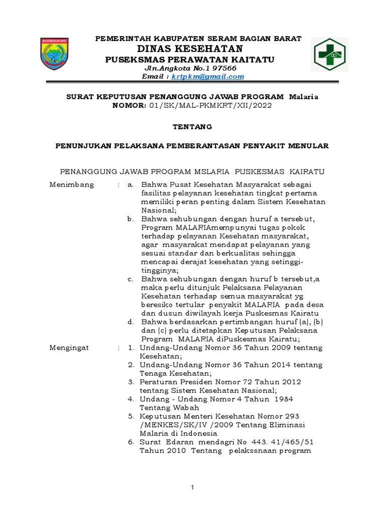 Penunjukan Pelaksana Program Malaria Kairatu | PDF