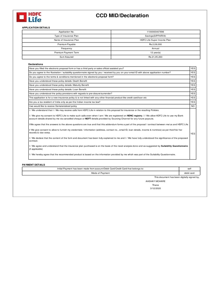CCD MID/Declaration: Application Details | PDF | Insurance | Payments