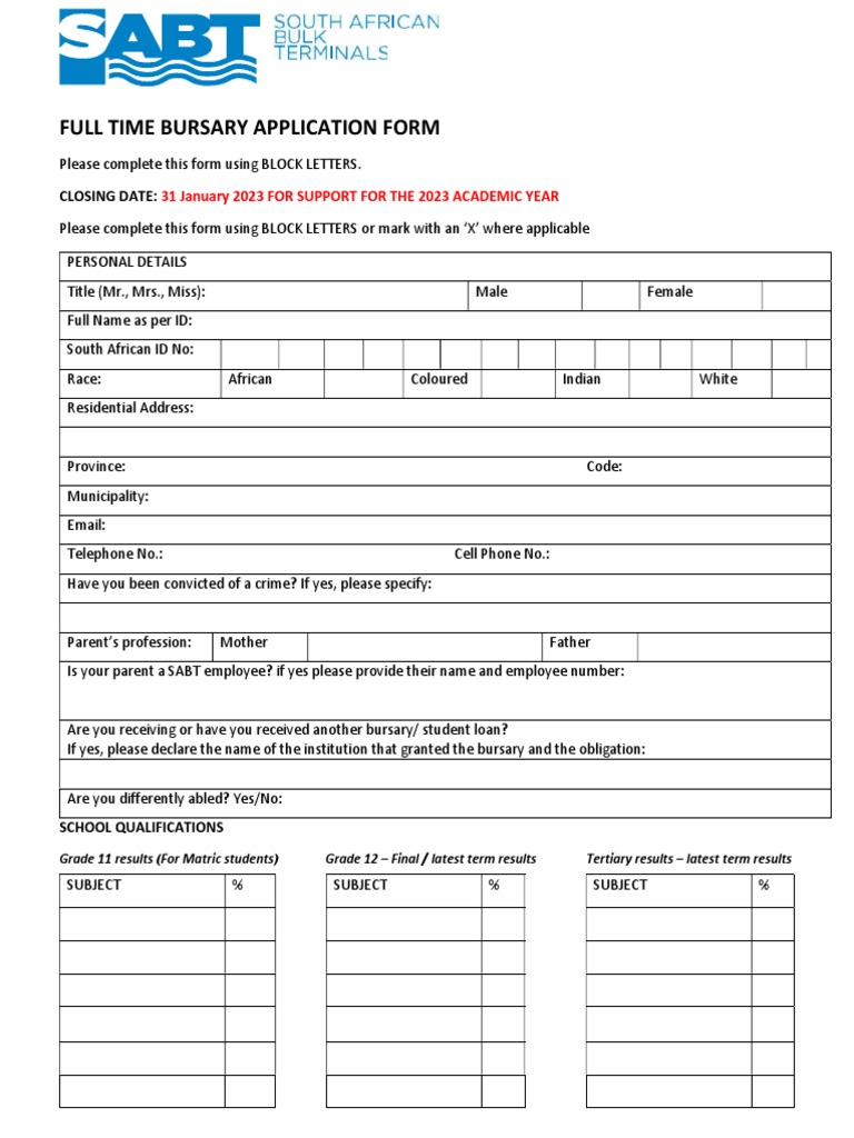 SABT Bursary Application Form 2023 | PDF