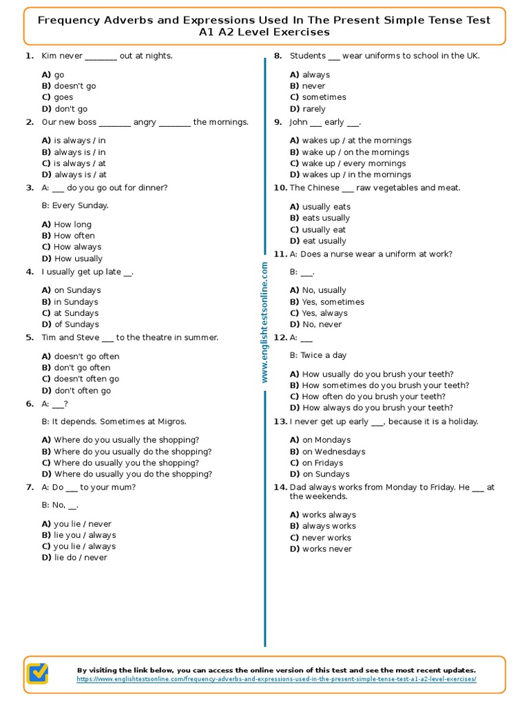 419 Frequency Adverbs and Expressions Used in The Present Simple Tense ...