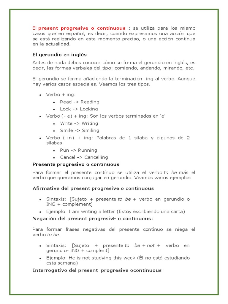 Guía del Presente Progresivo en Inglés | PDF | Verbo | Ciencia cognitiva