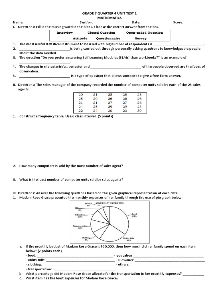 Grade 7 Quarter 4 Unit Test 1 | PDF