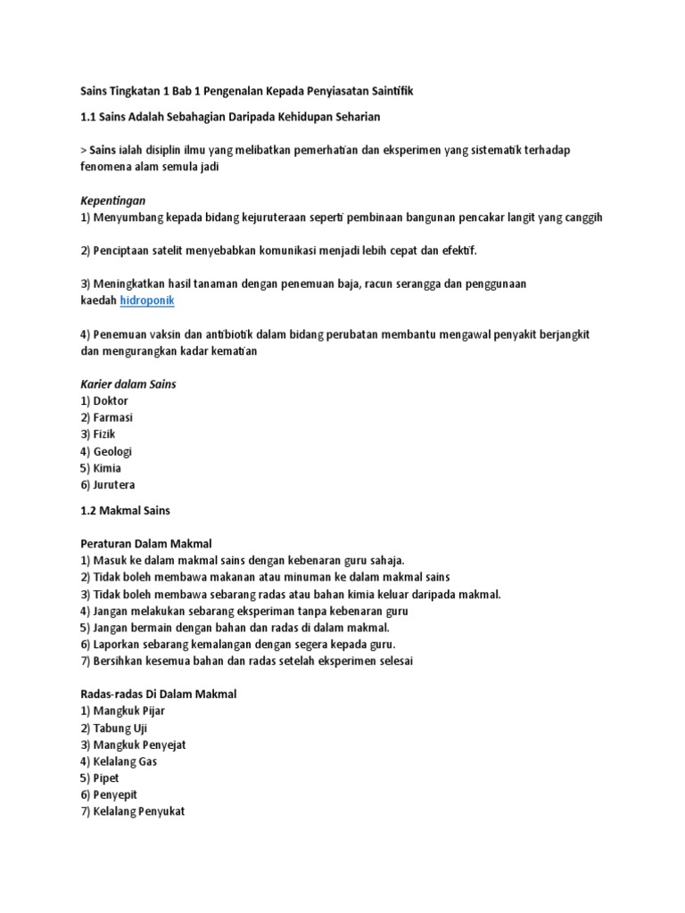 Sains Tingkatan 1 Bab 1 Pengenalan Kepada Penyiasatan Saintifik Pdf