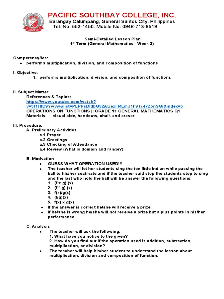 Week 3 Lesson Plan: Functions Operations | PDF | Function (Mathematics) | Mathematics