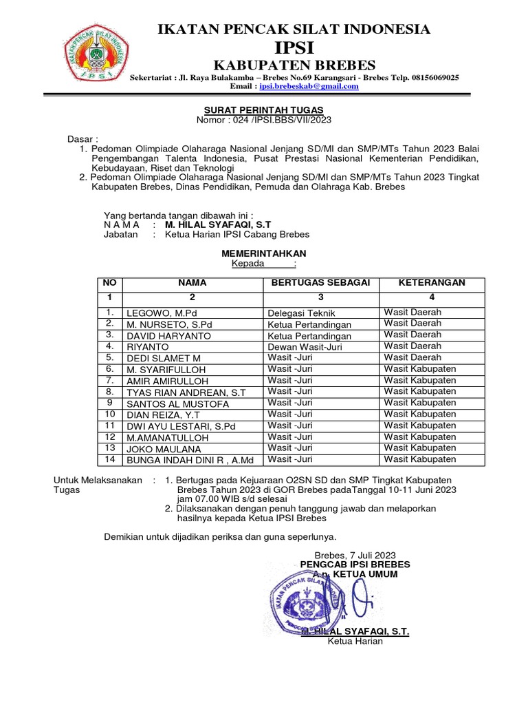 Surat Tugas Wasit O2SN Brebes 2023 | PDF | Olahraga & Rekreasi
